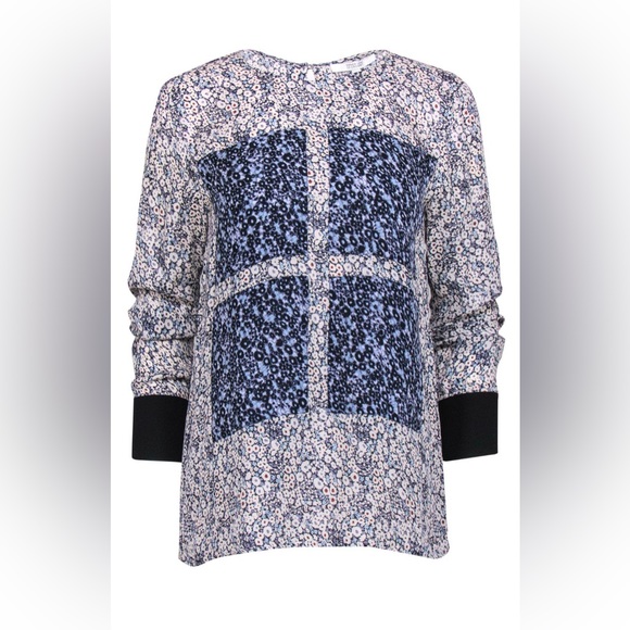 Derek Lam | Tops | Derek Lam Blue Ivory Floral Silk Window Pane Blouse ...